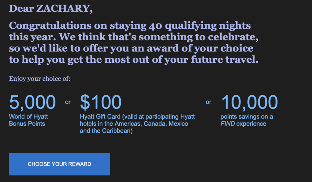 Selecting your World of Hyatt Milestone Reward - Monkey Miles