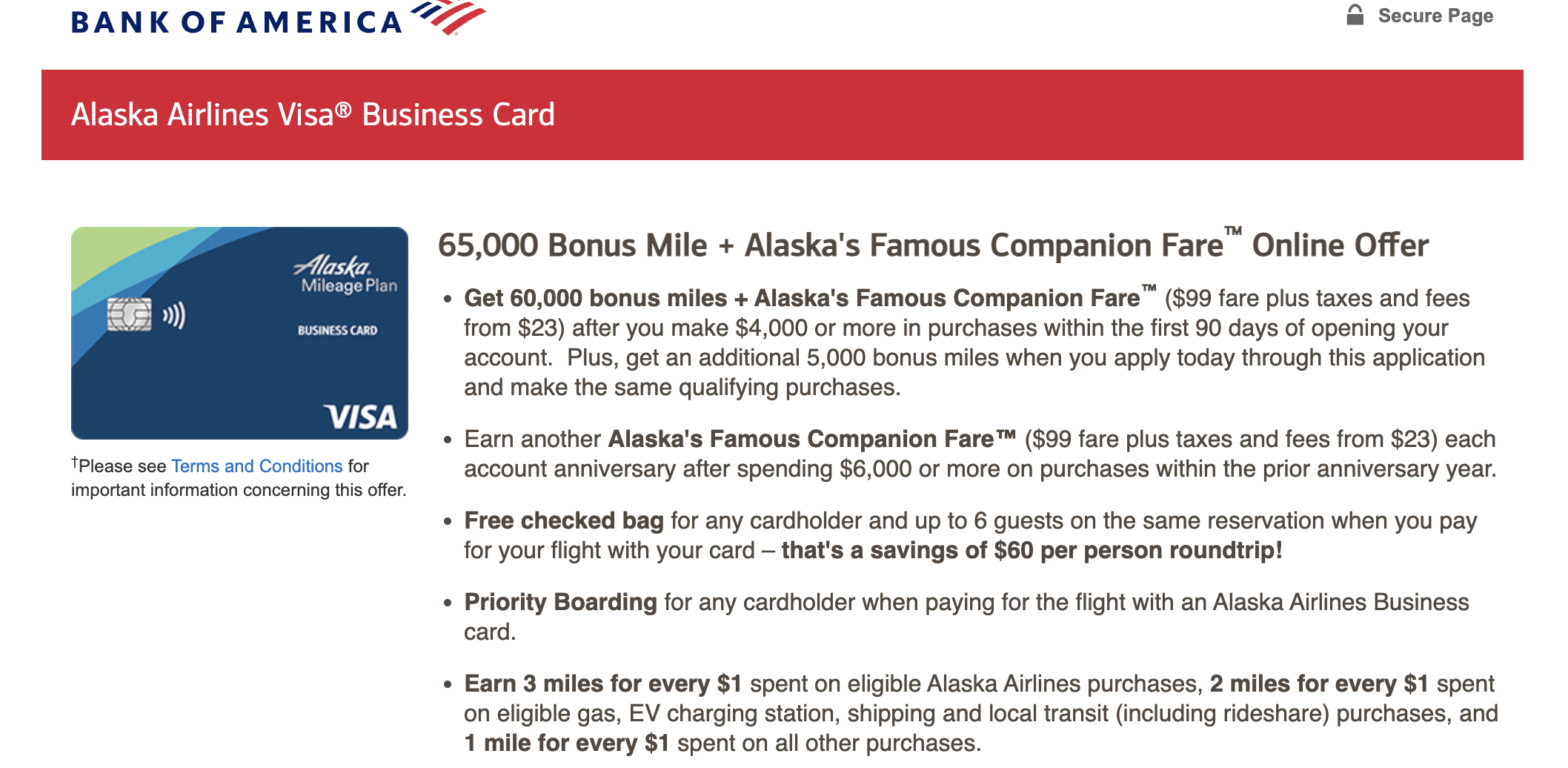 Bank of America Alaska Airlines Business Visa 65k offer + Companion ...