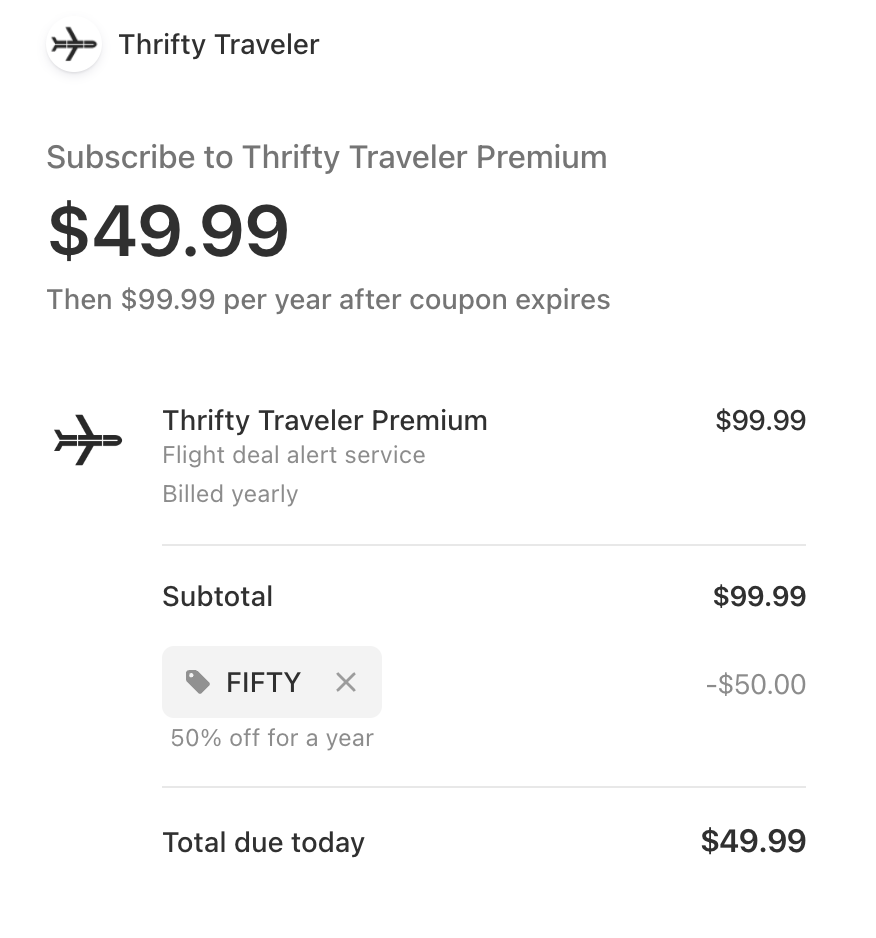 Flash Sale - Thrifty Traveler Premium 50% off sale - Monkey Miles